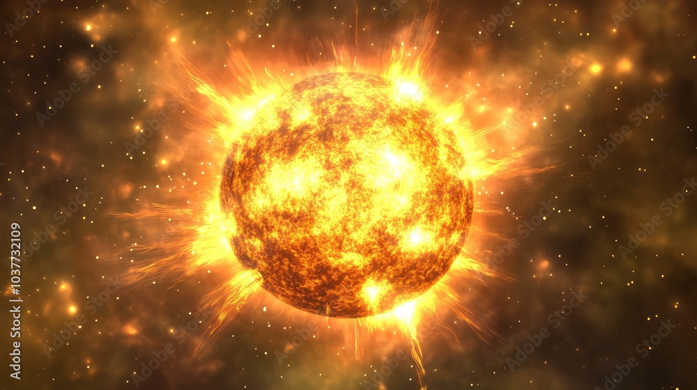 Bright sun emits plasma and flares in space depicted in a 3D cartoon ...