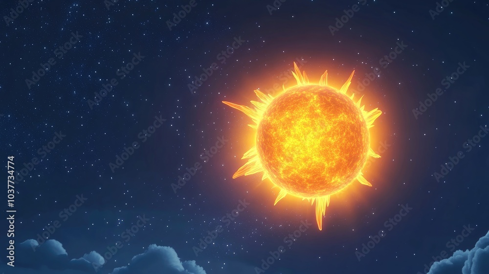 Sun depicted in outer space with intense solar activity in a 3D cartoon ...