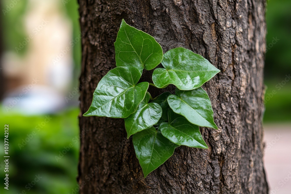 Ivy growing up the trunk of a tall tree in a dense forest, with Hederaâ ...