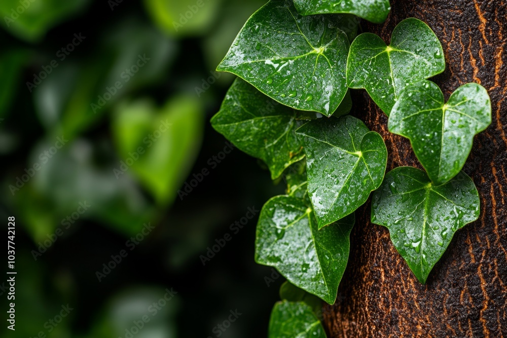 Ivy growing up the trunk of a tall tree in a dense forest, with Hederaâ ...
