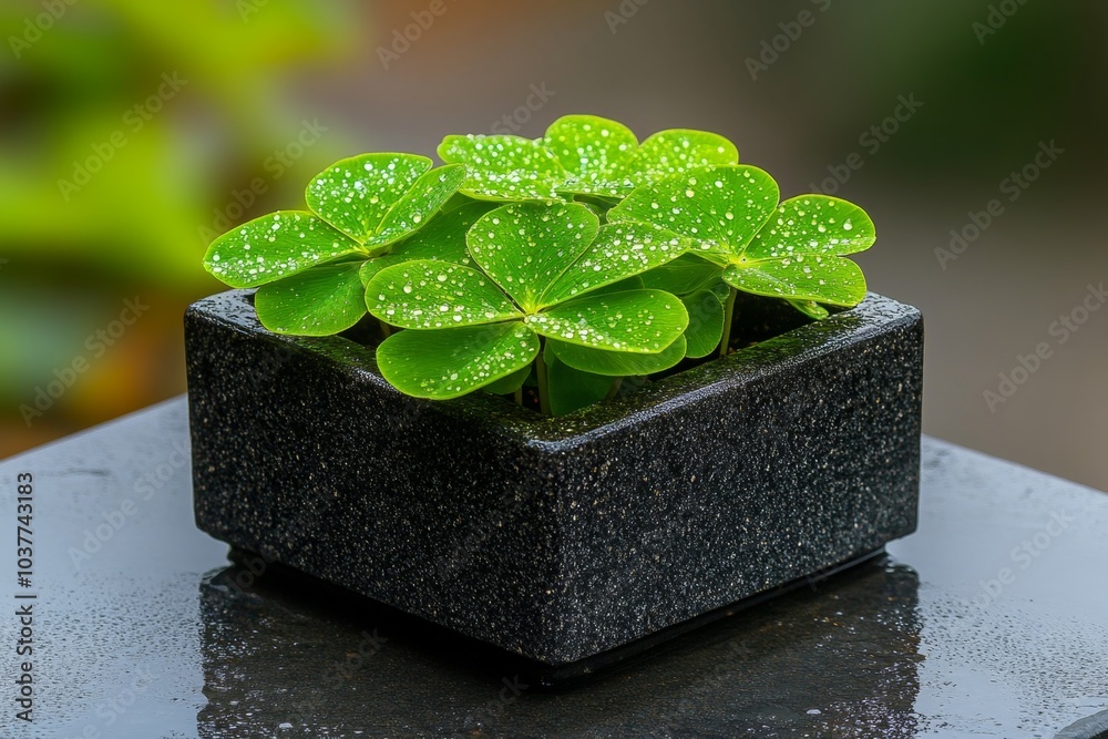 Lucky clover in a planter, with dew drops glistening on its four-leafed ...