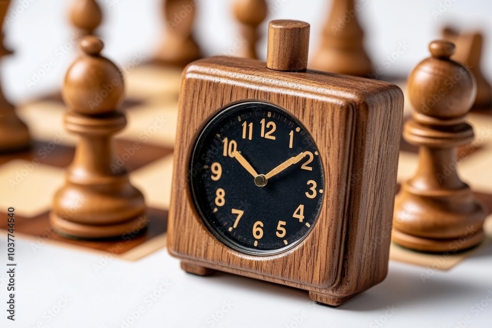 Retro chess board, with wooden pieces and a worn, vintage chess clock ...