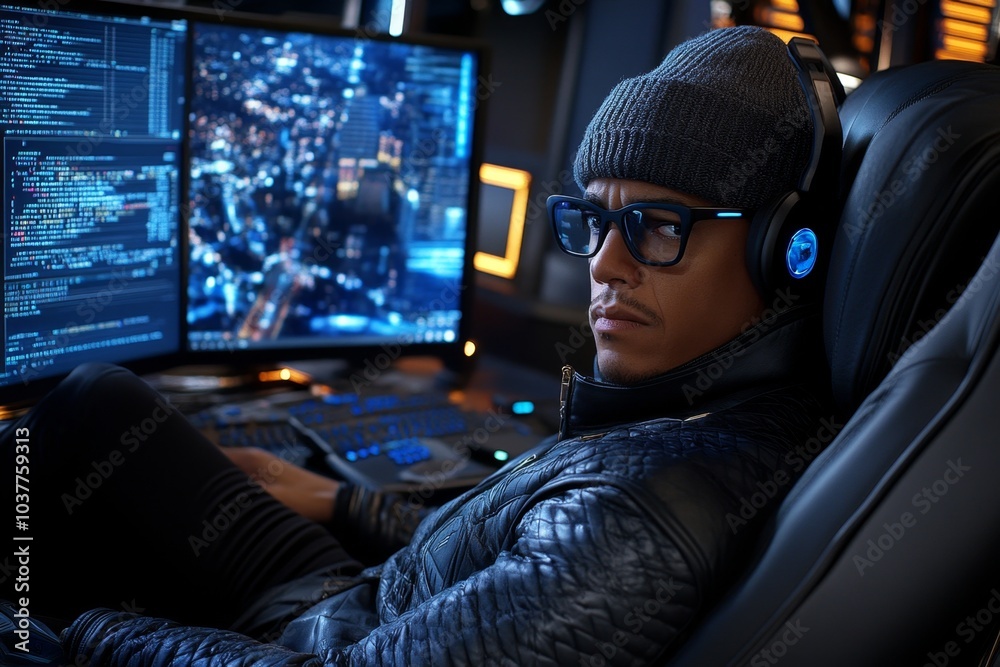 Black hat hacking, shown in a futuristic setting with a hacker ...