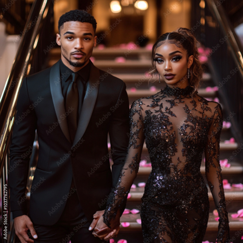 Elegant couple in formal black attire posing on a grand staircase with ...