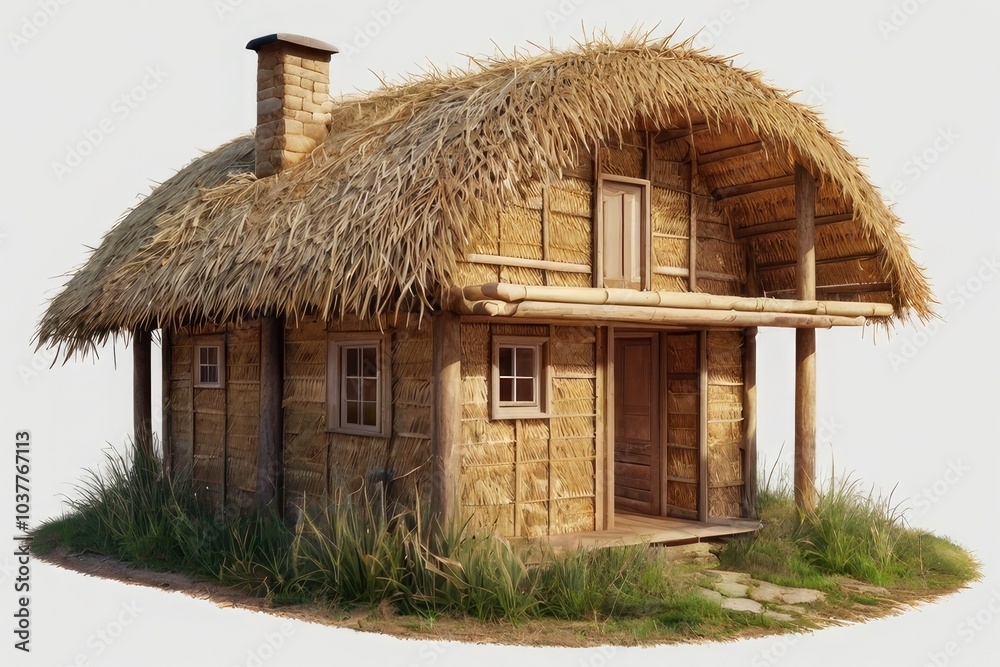 A straw house made of woven thatch and straw bundles, with a simple ...