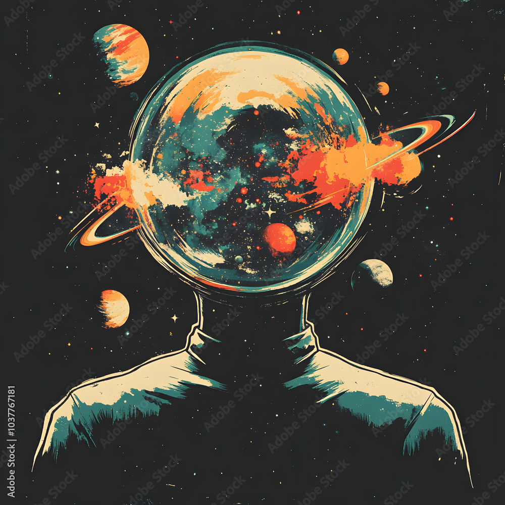 illustration featuring a person whose head is a planetarium of planets ...
