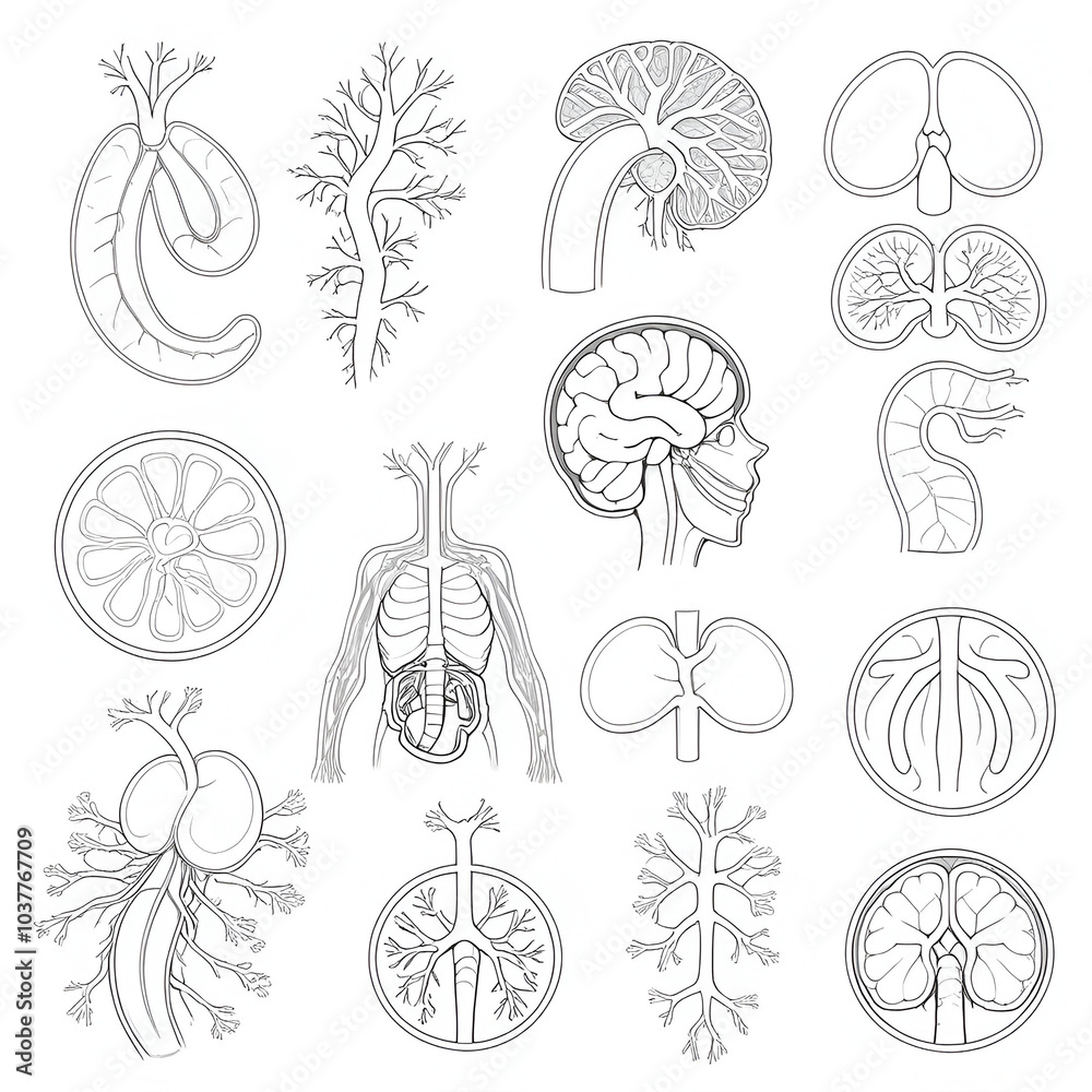 Internal organs line icons set. Brain heart, kidneys, stomach lungs ...
