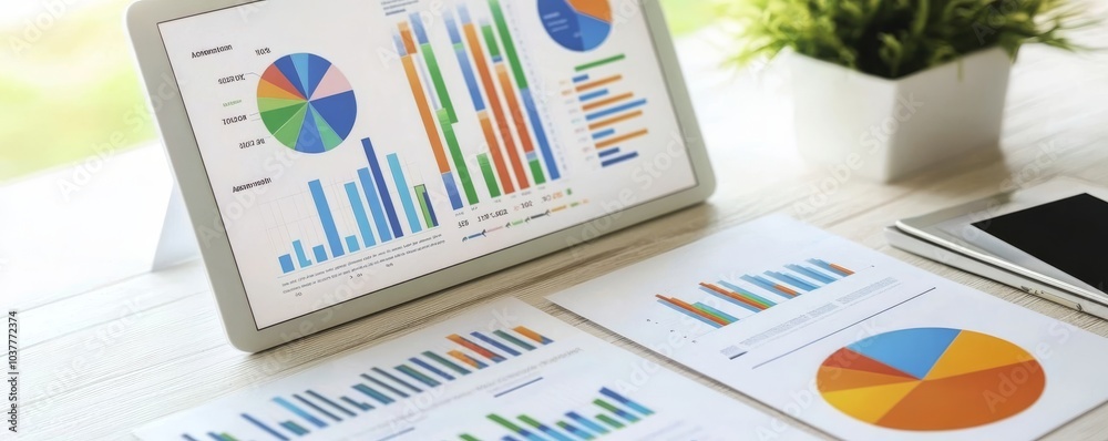 Business data analysis with colorful charts displayed on tablet and ...