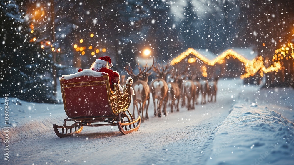 Santa Claus in his sleigh ready to take off, reindeer aligned in front ...