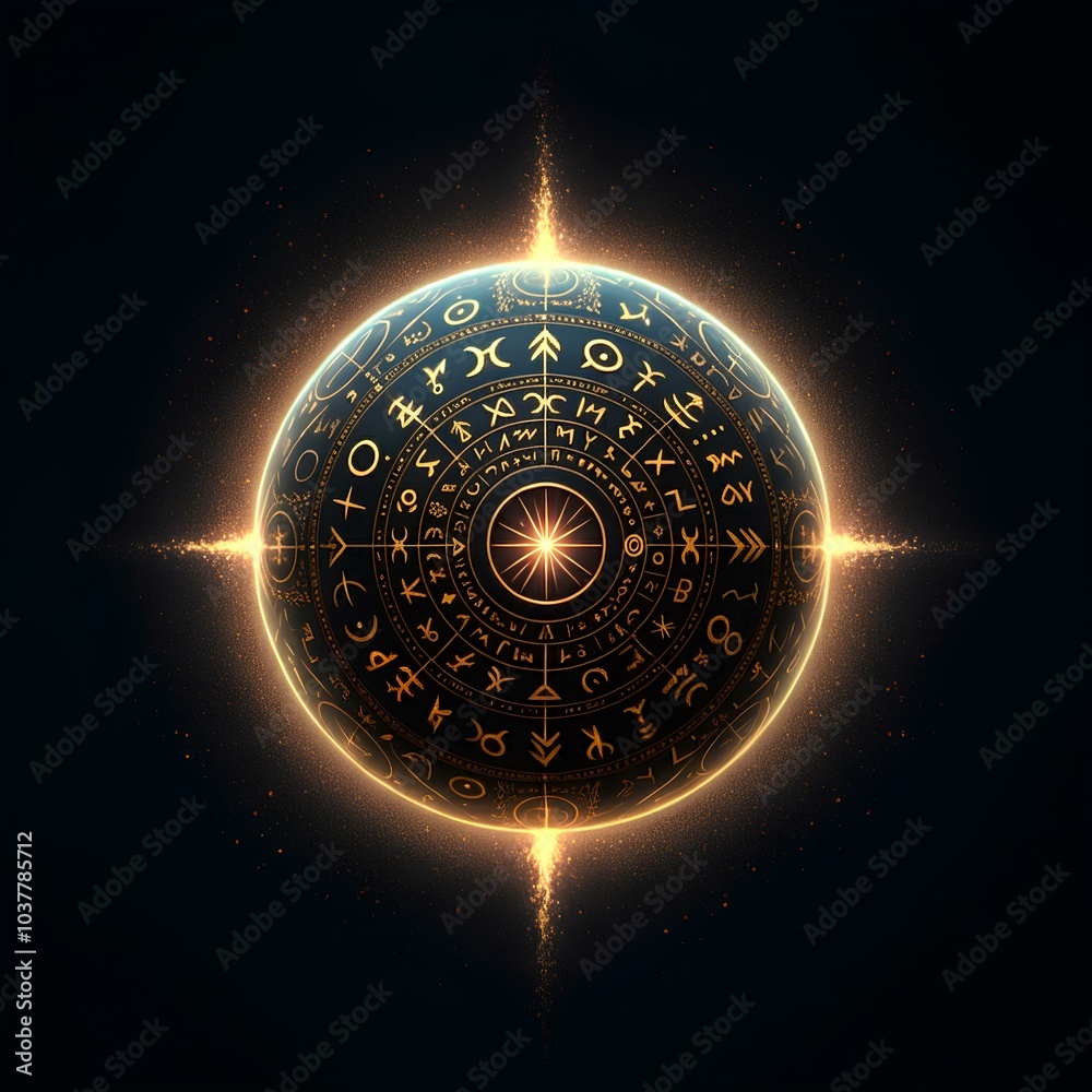 A glowing orb covered with magical runes and symbols, radiating light ...