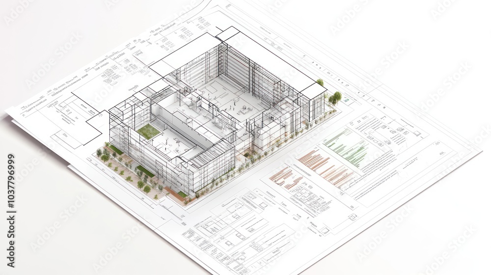 Architectural model with blueprints for a building design project ...