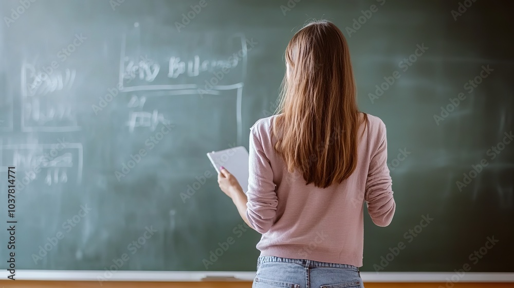 Confident female teacher standing near a chalkboard, holding a marker ...