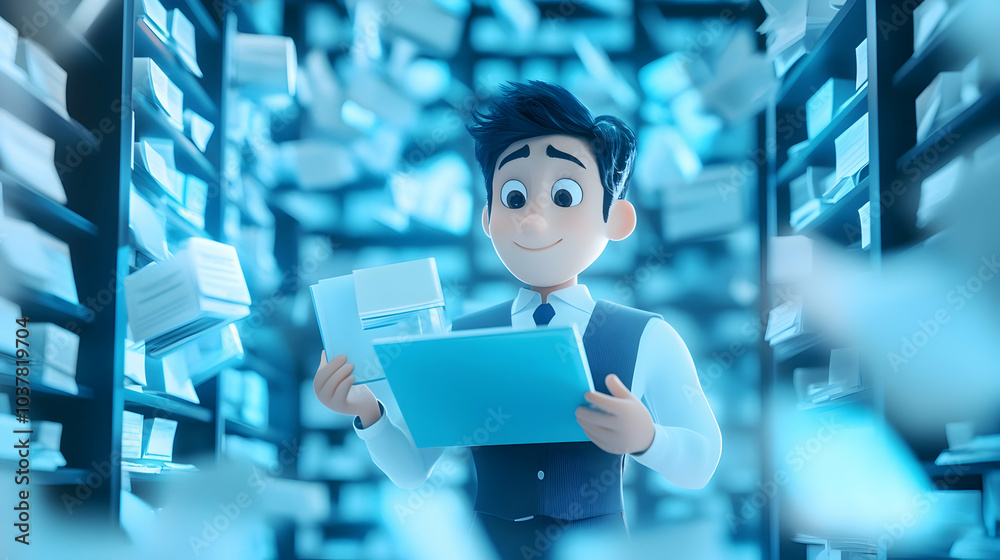 3D Cartoon Illustration of a Businessman Managing a Digital Database ...