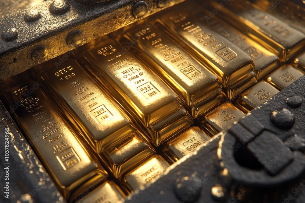 A gold bullion vault door slightly ajar, revealing rows of neatly ...