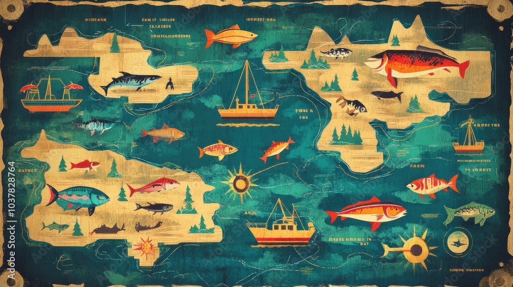A vintage-style illustration depicting a map of a sea or lake with ...