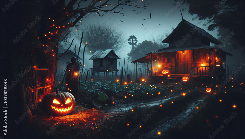 horror haunted halloween atmosphere in traditional rural Thai village ...