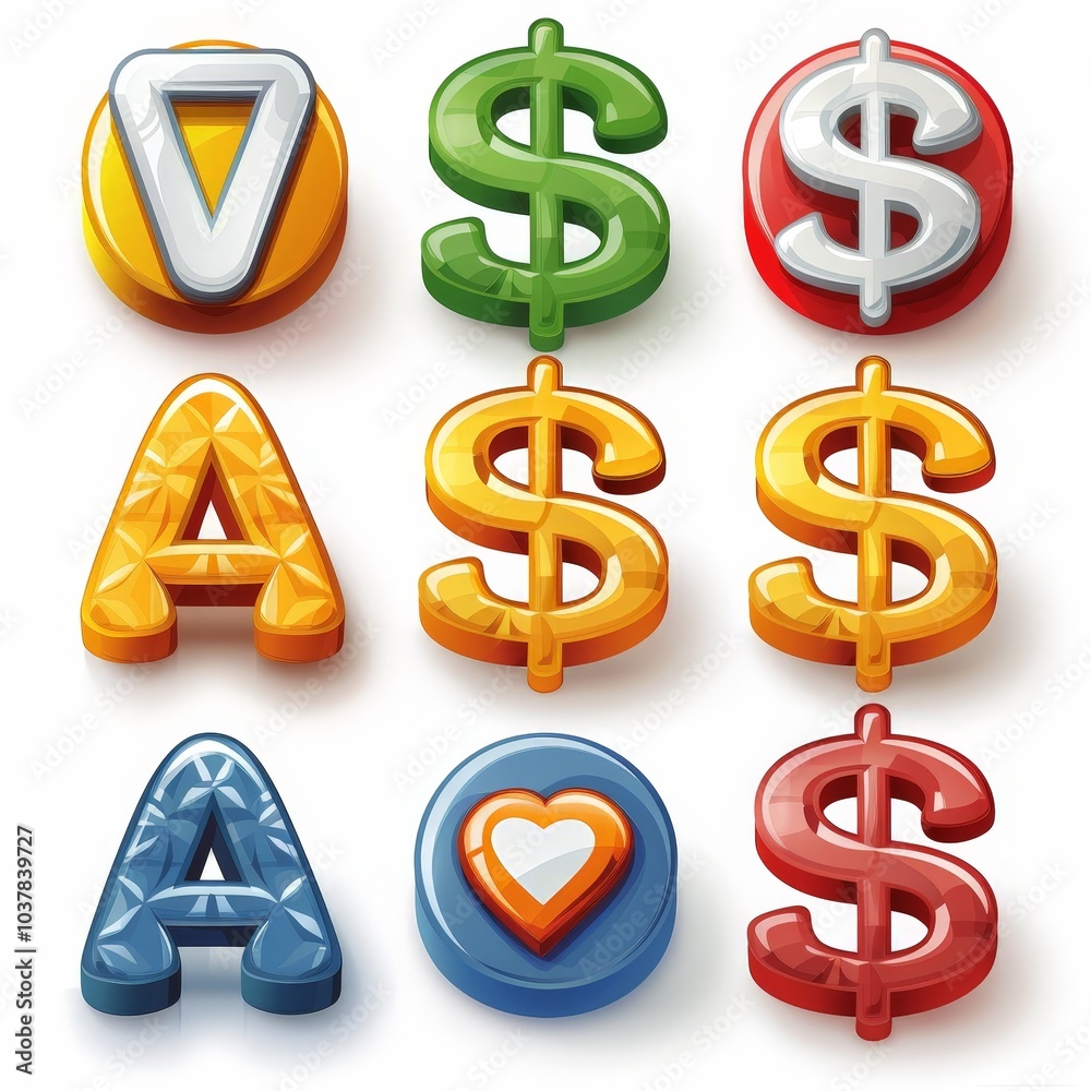 D Shiny Dollar Sign and Letter A Icons for Game Design Stock ...