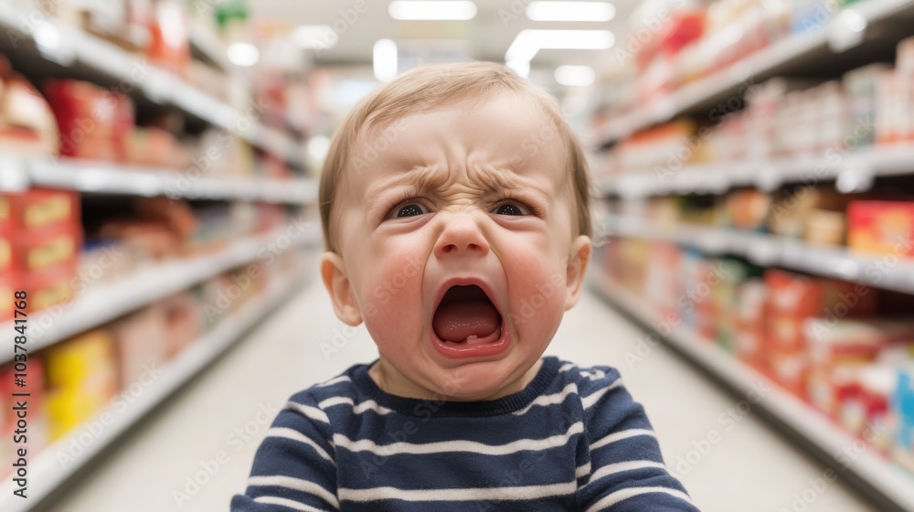 A toddler throws a tantrum in a grocery store aisle, lying on the floor ...