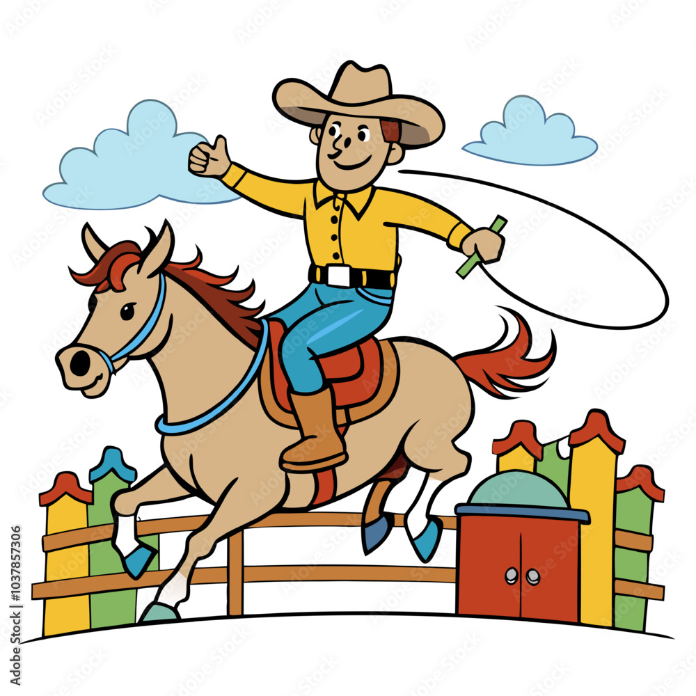 Cowboy on Horseback: A cheerful cartoon cowboy rides his horse over a ...