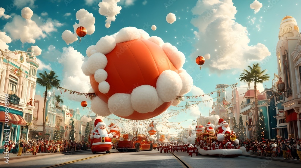 Festive and joyful Christmas parade with a lively marching band giant ...
