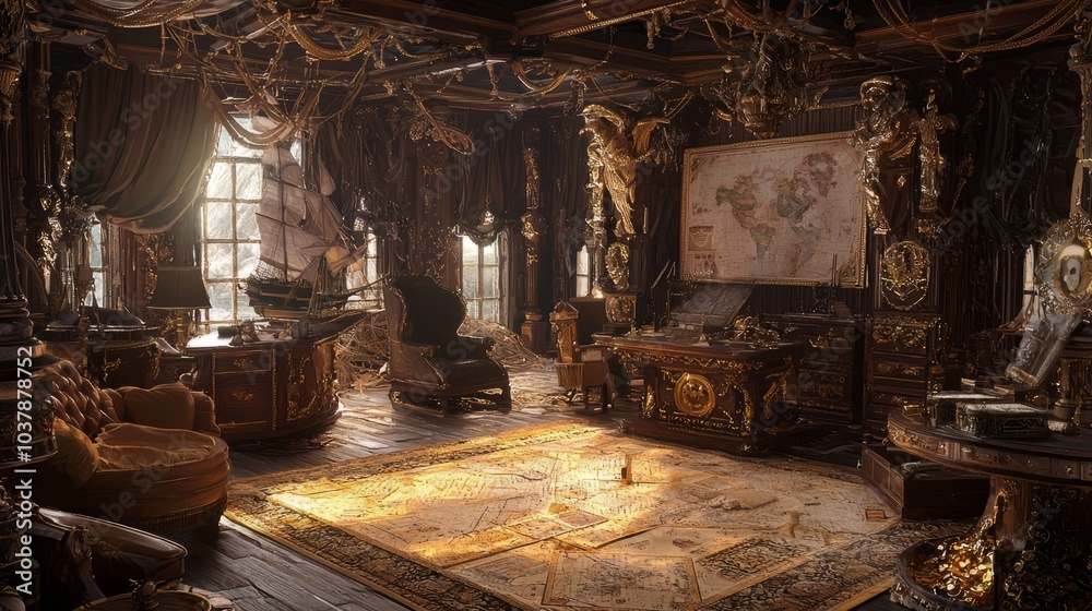 Luxurious Pirate Captain's Quarters with Maps, Treasures, and Plans for ...