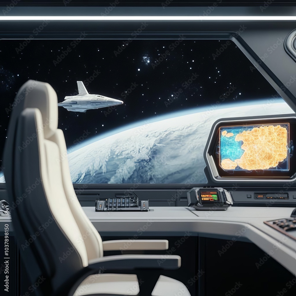 Futuristic command center with holographic maps, spaceship visible in ...