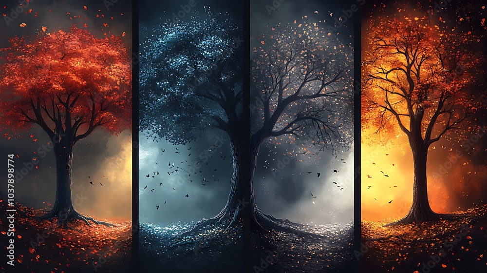 Four Seasons in a Single Tree. Four vertical panels depict the four ...