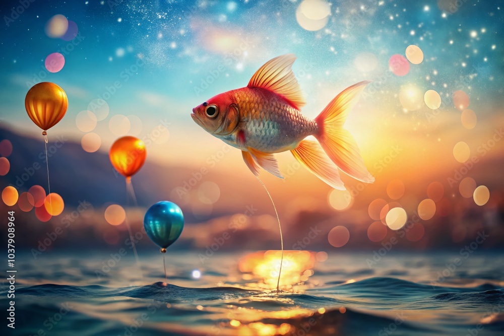 Floating aloft, goldfish ride soft balloons, gliding over cerulean ...
