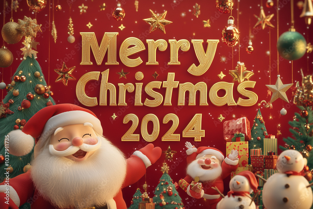 Festive Merry Christmas 2024 Card with Dancing Santa Claus, Red ...