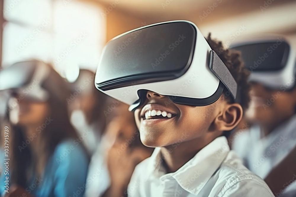 A modern classroom where students are wearing virtual reality (VR ...