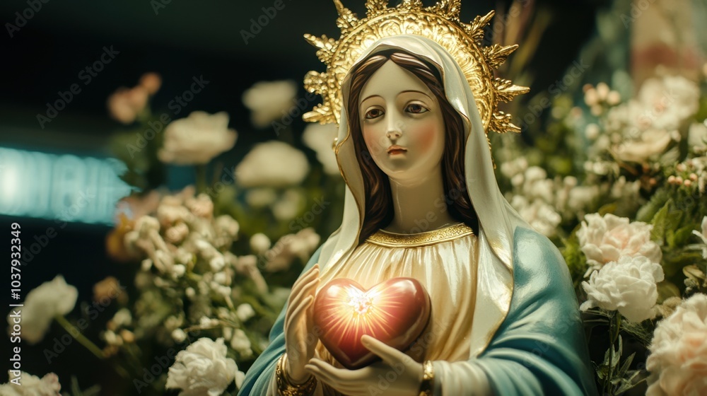 A close-up of the Immaculate Heart of the Holy Mary, depicted with a ...
