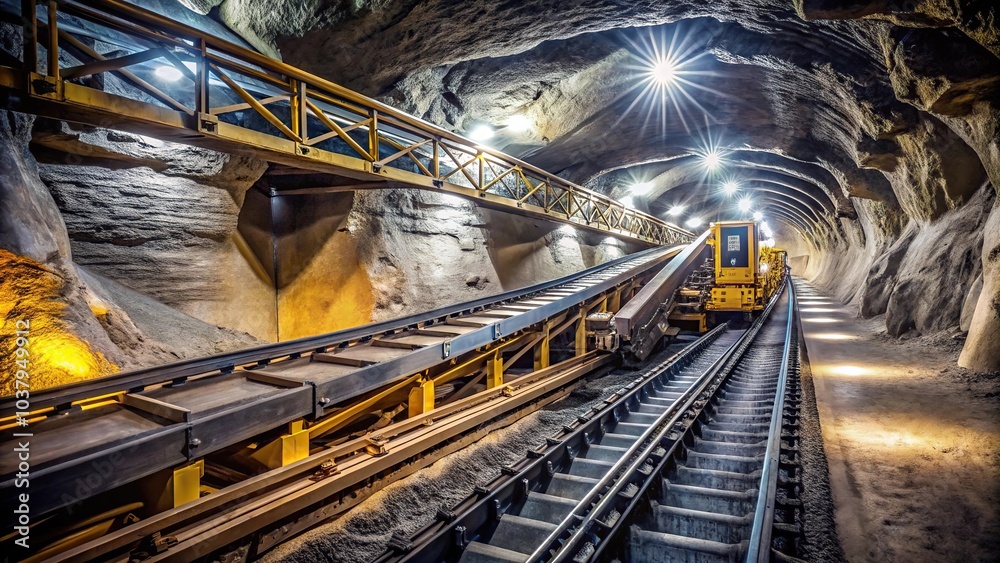 belt conveyor transporting ore in underground mine Stock Photo | Adobe ...
