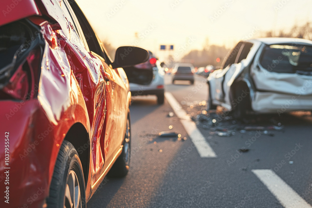 Crashed cars on roadside: one car rear-ended the other, causing damage ...