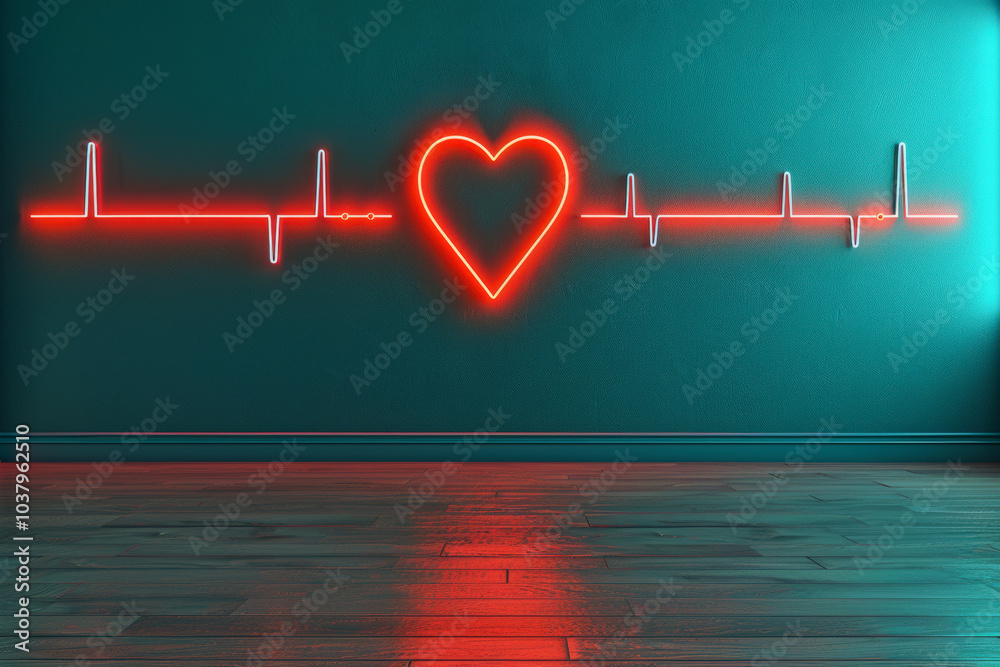 Red neon light forms a heart integrated with a heartbeat line on a teal ...