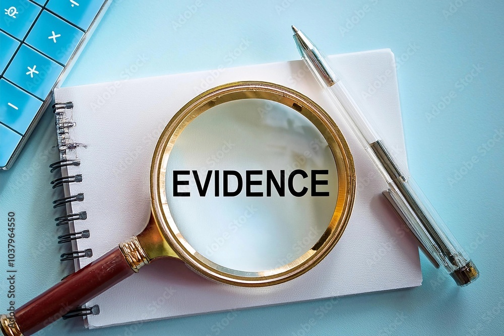 Word Evidence written through a magnifying glass on a notebook as ...