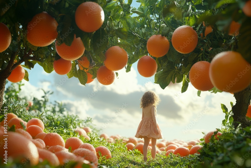 A child stands under a canopy of orange trees. Bright fruit surrounds ...