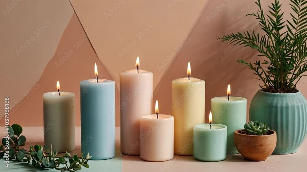 A flat lay of minimalistic candles, plants, and geometric shapes on a ...