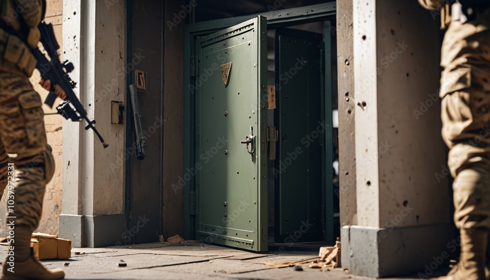 A focused image of an armory door ajar, sharply in focus, while the ...