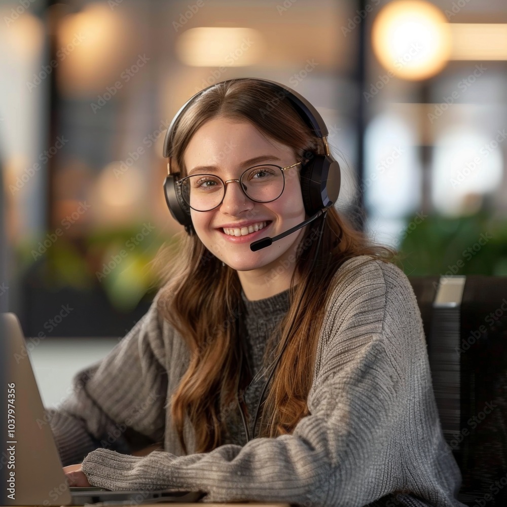 Call center, young woman and smile in contact us with CRM, headset with ...
