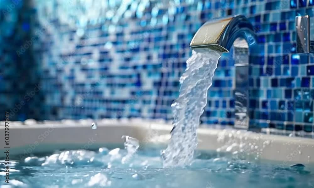 Water flows from the tap into the bath. Water pours from the faucet ...
