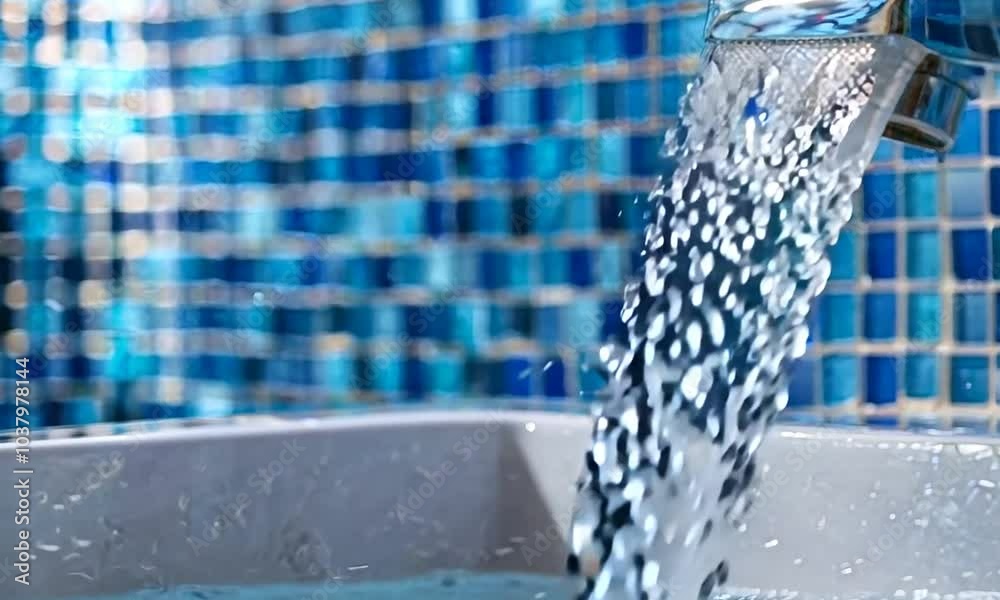 A water tap pouring hot water into a modern bathtub, set against a ...