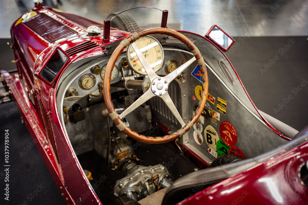 cockpit, steering wheel of an alfa romeo race car shown at the classic ...