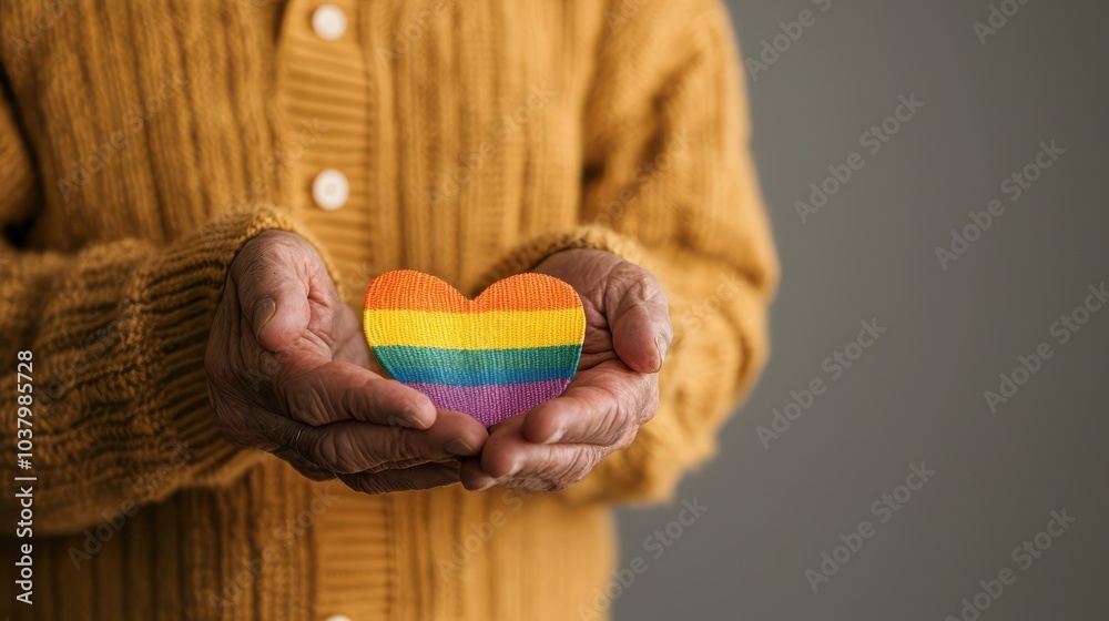 warm hearted older man holds colorful rainbow heart in his hands ...