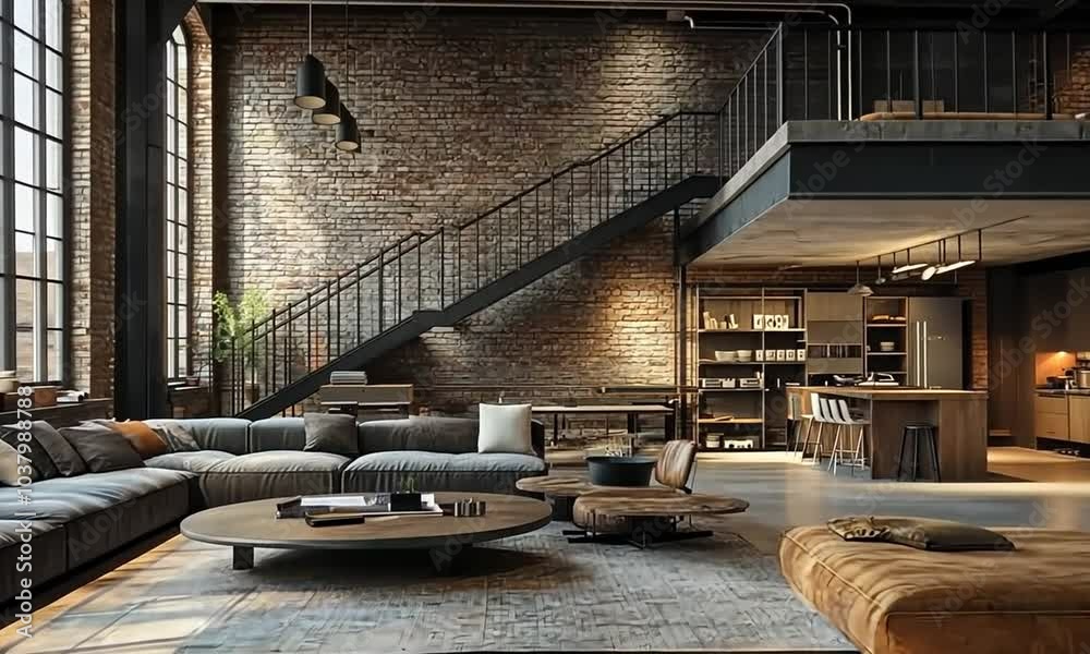 A spacious loft apartment with exposed brick walls, a large sectional ...