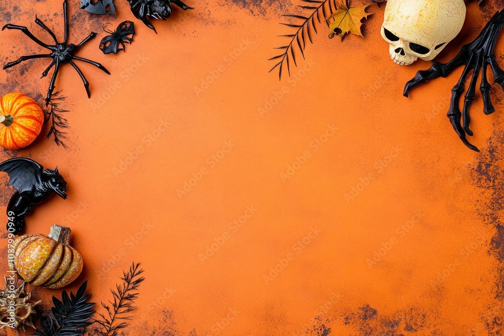 Spooky Halloween Frame Border with Decorations on Orange Paper - High ...