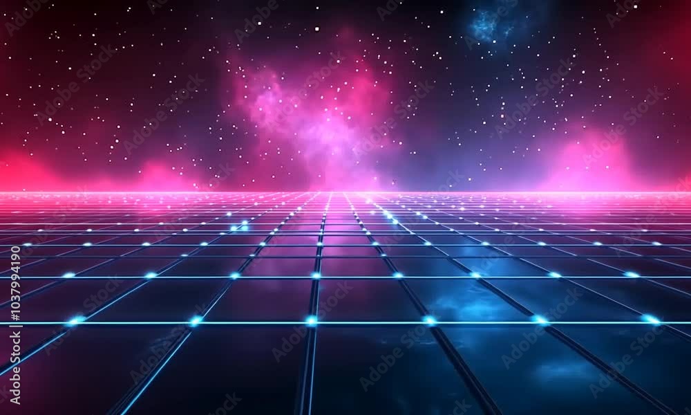 A grid with glowing neon lines against a starry night sky with pink and ...