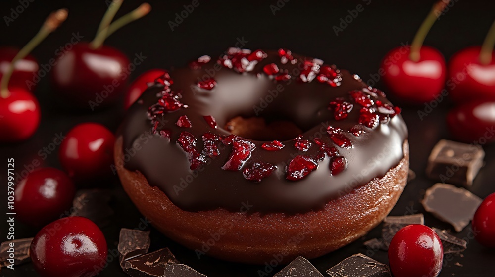 Chocolate donut filled with cherry jam, isolated on a black and red ...