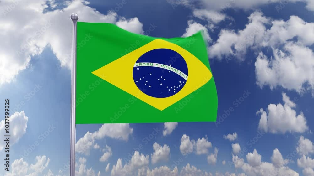 National Flag of Brazil waving on a sky clouds.The concept of liberty ...