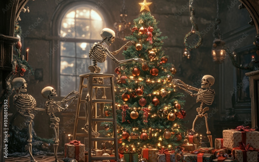 Skeleton Trimming the Christmas Tree. A 3D skeleton on a ladder ...