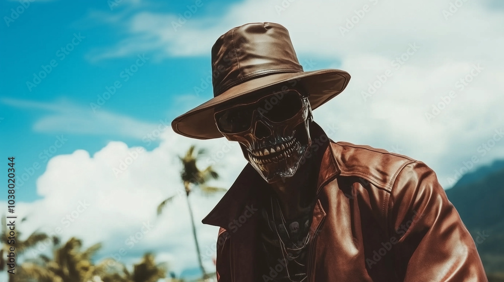 Skeleton cowboy robot in slick leather jacket time-travelling back from ...